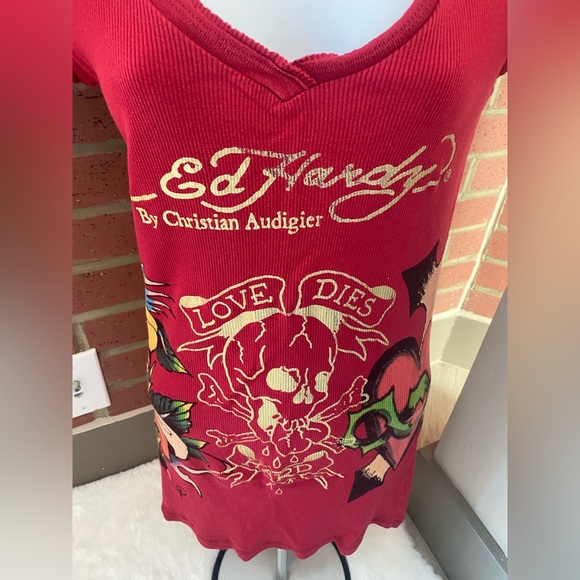 Ed Hardy | Tops | Ed Hardy Red Tattoo Design Vneck Top | Poshmark